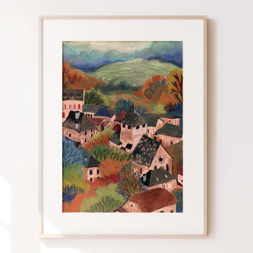 DOPAPRINT Autumn Landscape Poster, Autumn Village In Hills, Fall Wall ...