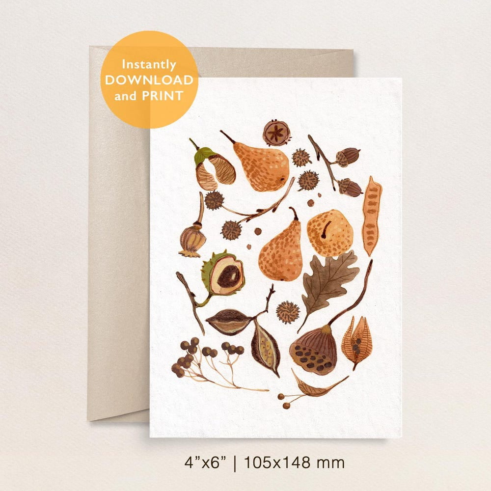 DOPAPRINT Autumn Leaves & Seeds Printable Postcard, Fall Postcard ...