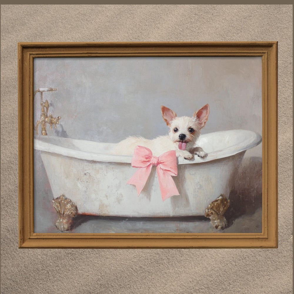 DOPAPRINT Bathroom Dog Pink Bow In Tub Print Cute Dog Poster Funny ...