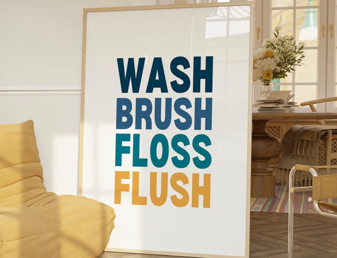 DOPAPRINT Bathroom Wall Decor Wash Brush Floss Flush Blue Wall Art ...