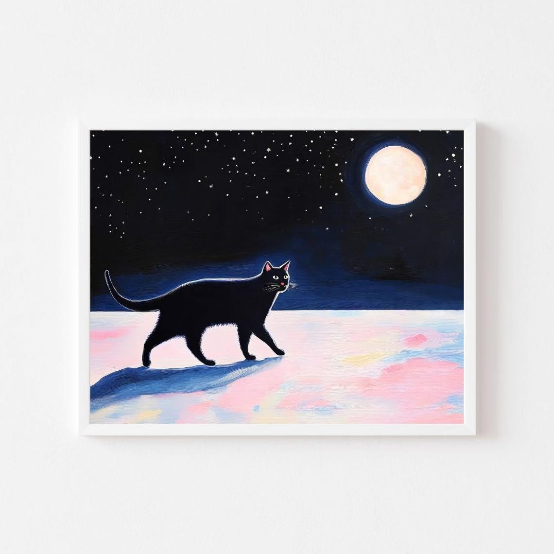 DOPAPRINT Black Cat Full Moon Painting Pink Wall Art Print Spooky Cute ...