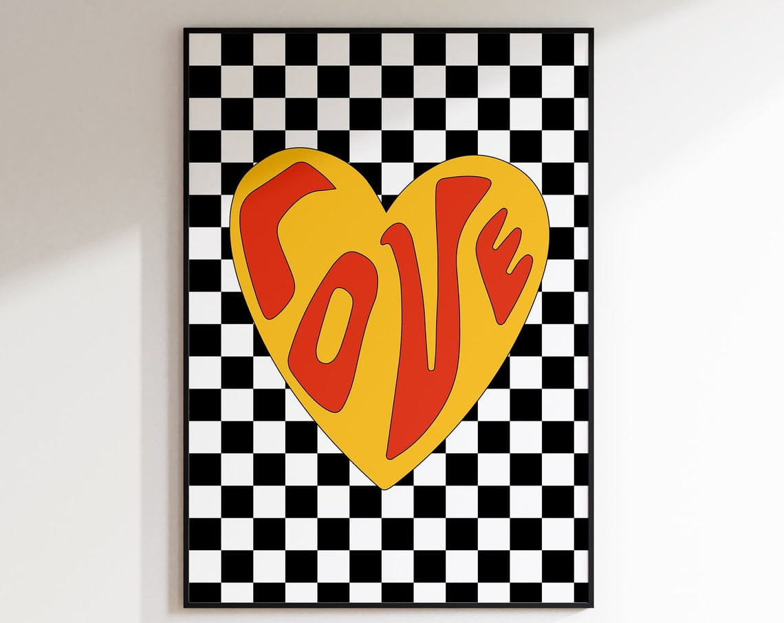 DOPAPRINT Black And White Checkerboard Retro Red And Yellow Heart Print ...