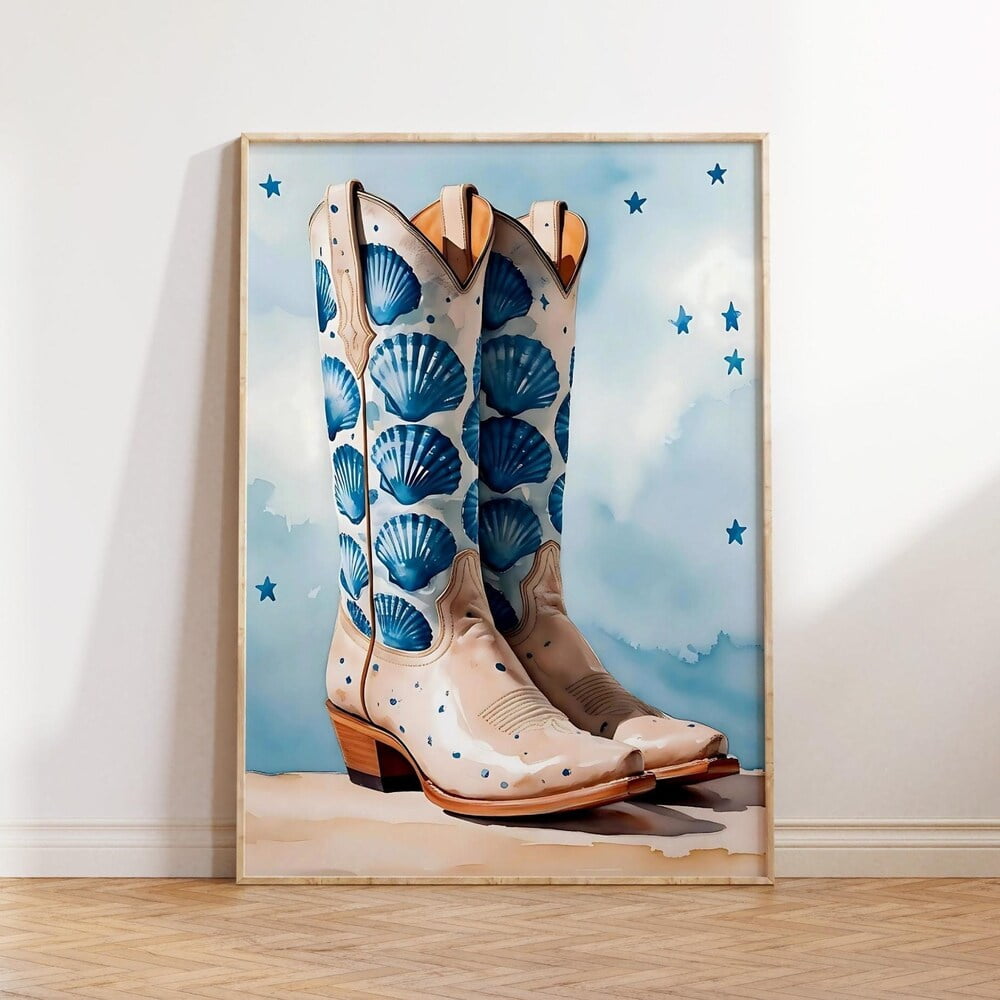 DOPAPRINT Blue Cowgirl Boots Print Coastal Cowgirl Wall Art Coastal ...