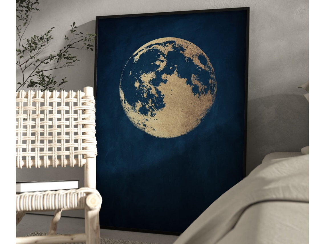 DOPAPRINT Blue And Gold Moon Wall Art Print, Dark Blue Indigo, Moon Poster, Celestial, Lunar ...