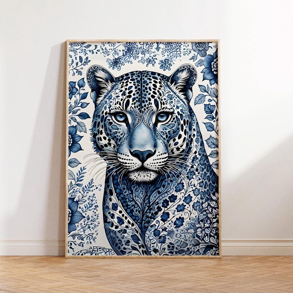 DOPAPRINT Blue Leo.Pard Wall Art-Chinoiserie Poster-Trendy Cheetah ...