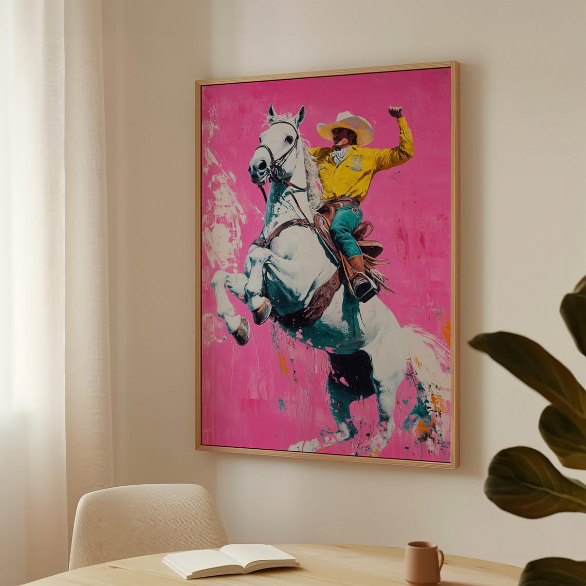 DOPAPRINT Bold Western Rodeo Art Cowboy On Rearing White Horse, Vibrant ...