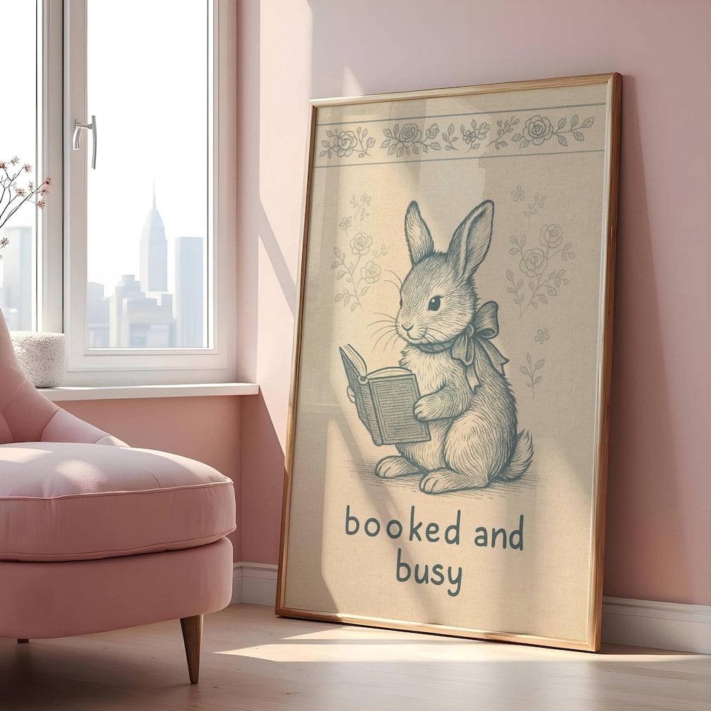 DOPAPRINT Booked And Busy Bunny Wall Art Cute Vintage Rabbit Reading ...