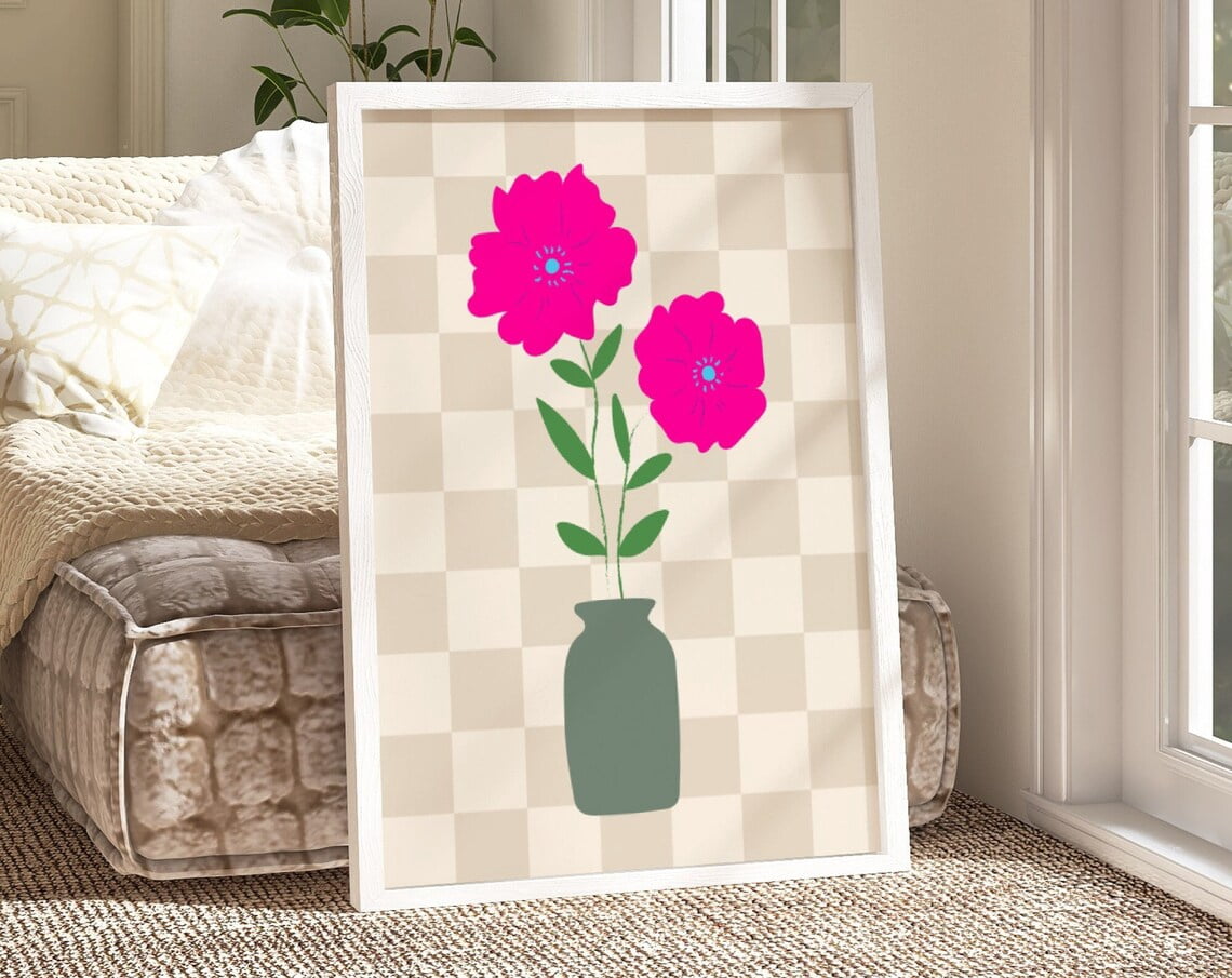 DOPAPRINT Bouquet Of Flowers Print, Checkered Wall Art, Pink Beige ...