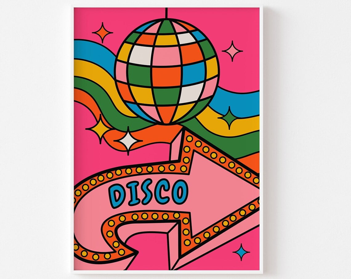 DOPAPRINT Bright Disco This Way Print - Disco Ball, Pink Disco, Kitchen ...