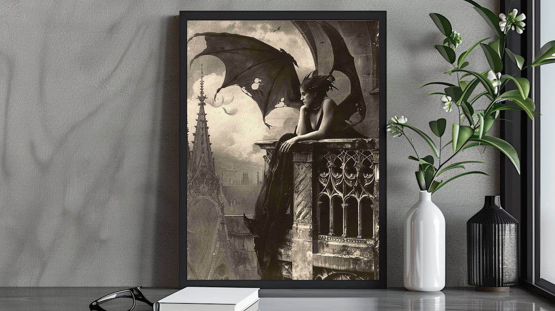 DOPAPRINT Brooding Gothic Fantasy Art Print, Dark Angel On Gothic ...