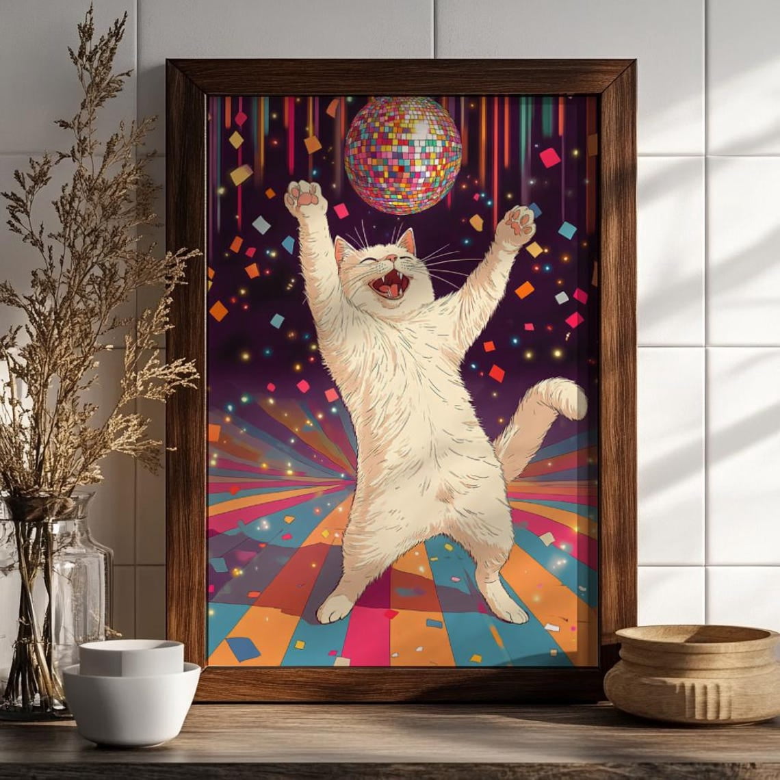 DOPAPRINT Cat Dancing In Disco Print, Funny Cat Poster Disco Print ...