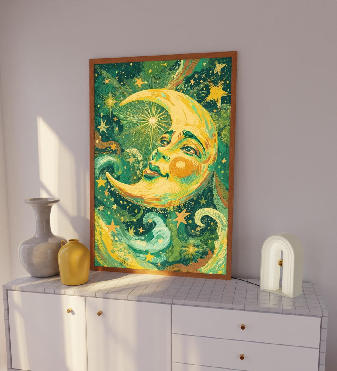 DOPAPRINT Celestial Moon Cosmic Wall Art Print, Green And Yellow ...