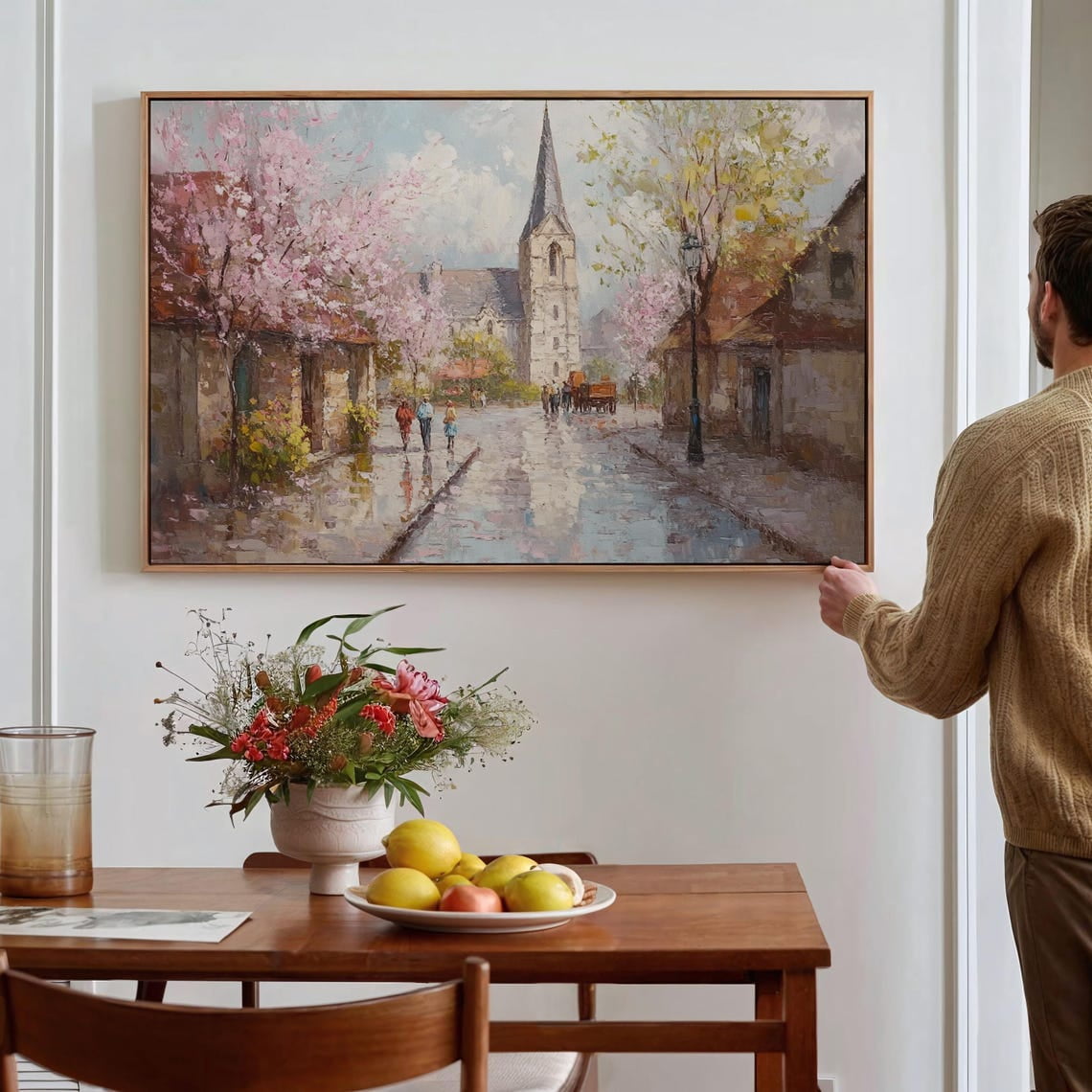 DOPAPRINT Charming Spring Village Scene Wall Art Church, Blossoms, And Cobblestone Street In ...