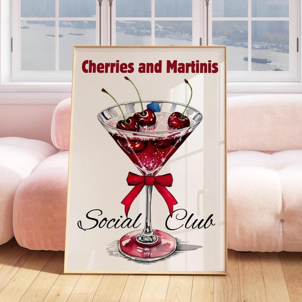 DOPAPRINT Cherries And Martinis Print Red Bar Cart Wall Art Martini Cocktail Lover Poster Cherry ...