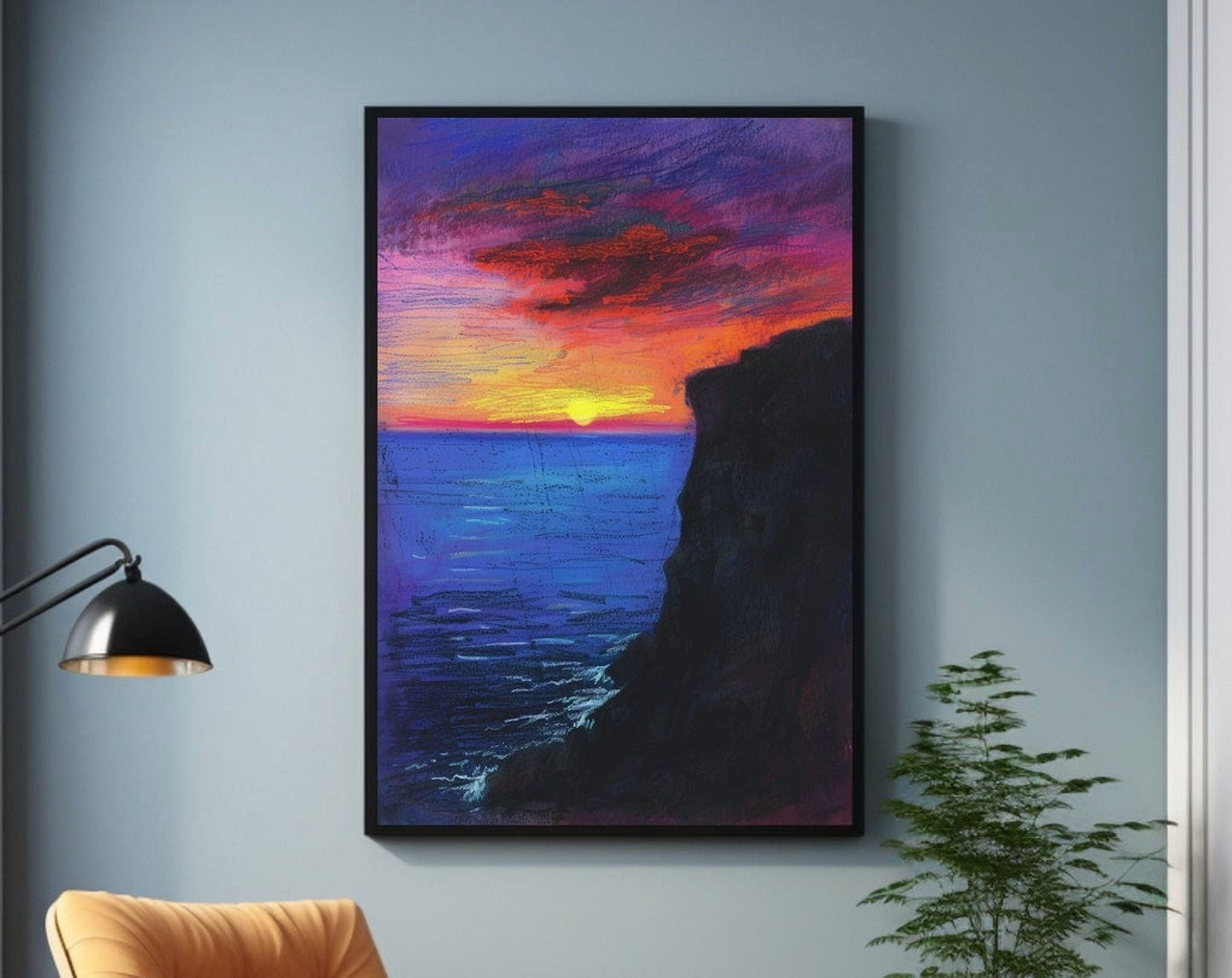 DOPAPRINT Cliffside Sunset Pastel Drawing - Serene Seascape Wall Art ...