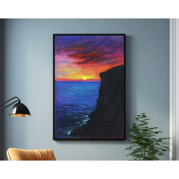 DOPAPRINT Cliffside Sunset Pastel Drawing - Serene Seascape Wall Art ...