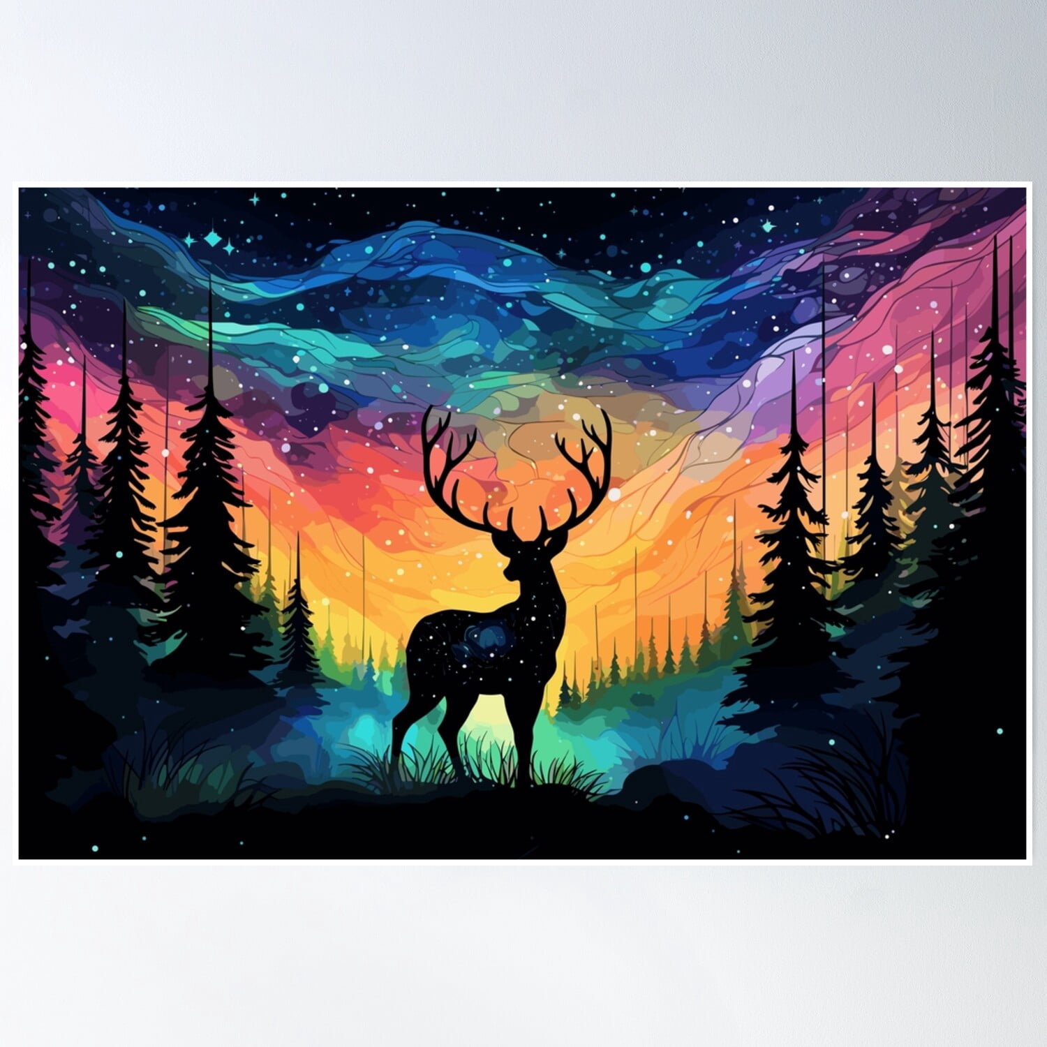 DOPAPRINT Colorful Boreal Forest Deer Poster Wall Art, Modern Wall ...