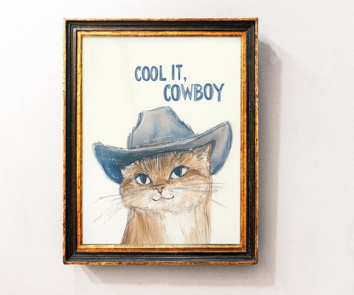 DOPAPRINT Cool It Cowboy Cat Wall Art Print, Retro Cat Print, Cat ...