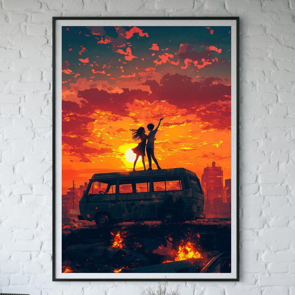 DOPAPRINT Couple On Van Sunset Cityscape Wall Art Romantic Print Anime ...