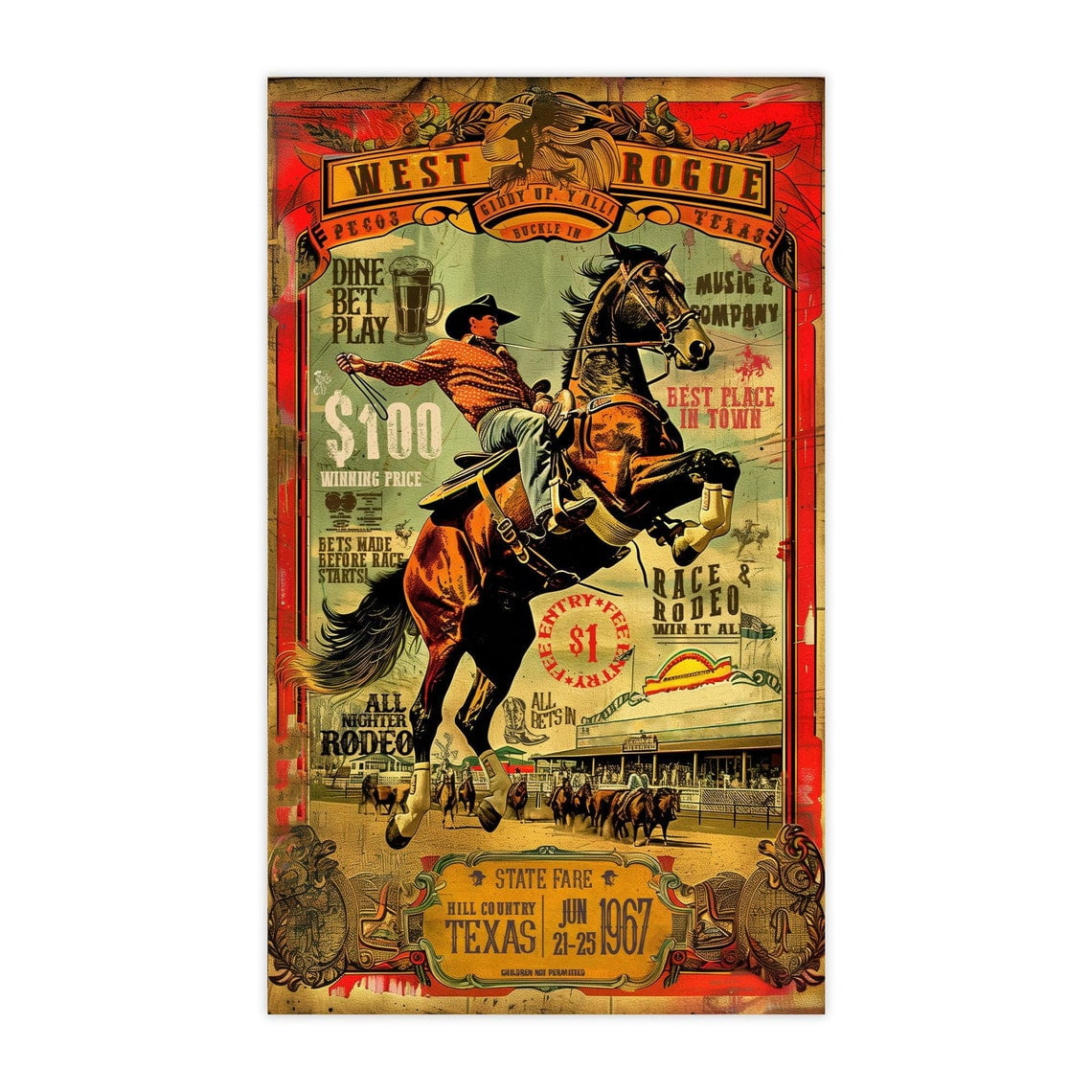 DOPAPRINT Cowboy Art Print - West Rogue Rodeo Poster - Texas State Fair ...