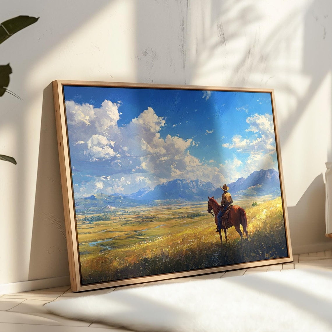 DOPAPRINT Cowboy On Horseback Western Art - Vast Prairie Landscape ...