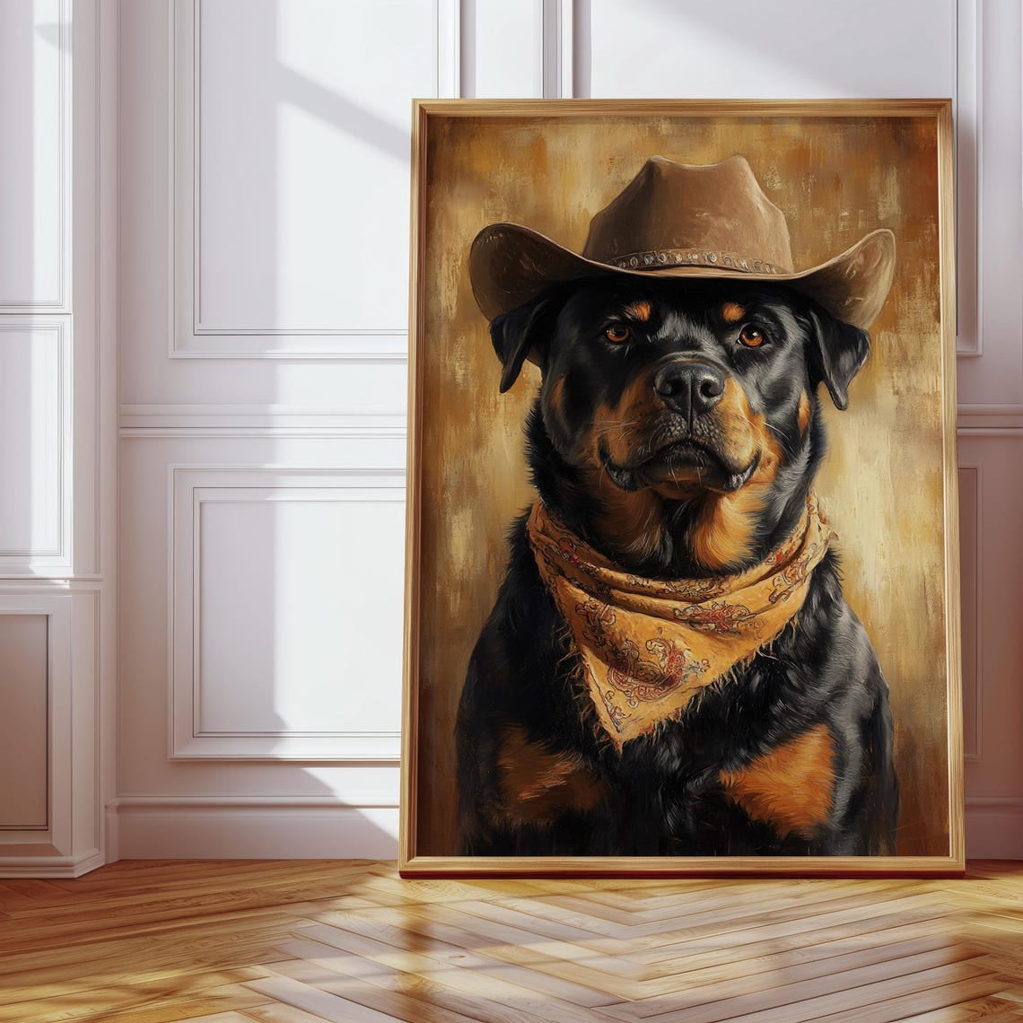 DOPAPRINT Cowboy Rottweiler Portrait - Western Dog Art Print - Rustic ...