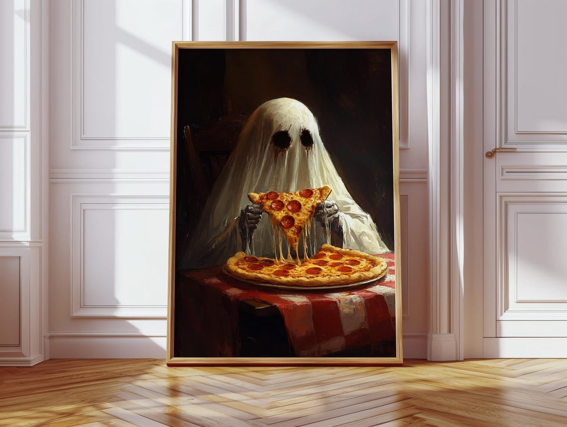 DOPAPRINT Creepy Ghost Eating Pizza Wall Art Horror Foodie Print With ...