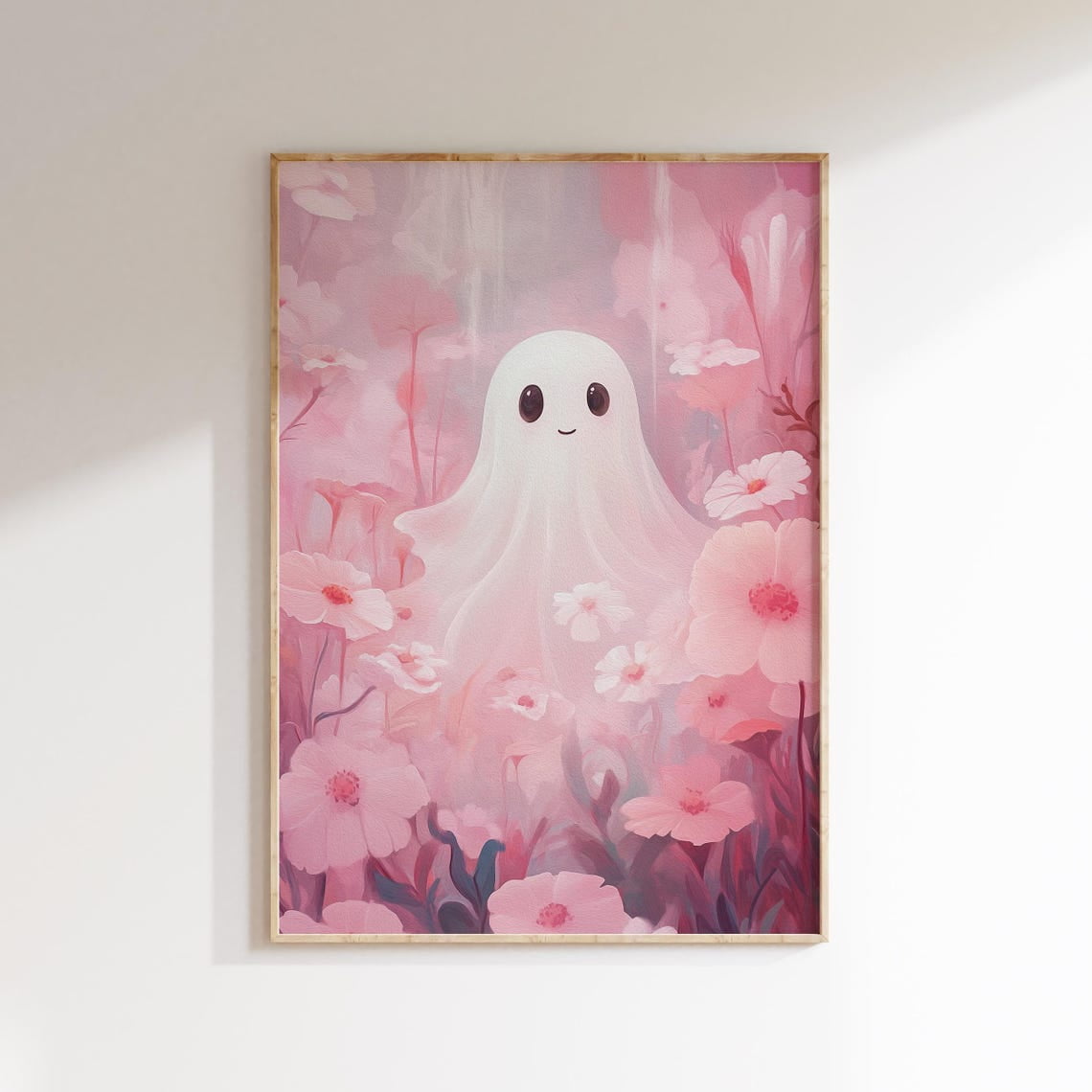 DOPAPRINT Cute Ghost Among Pink Flowers Print, Floral Ghost Painting ...