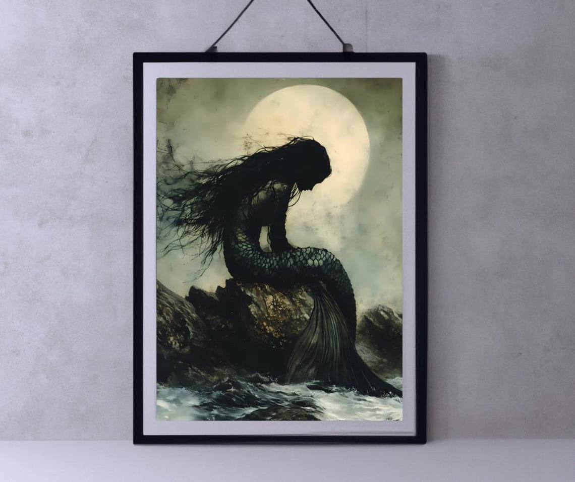 DOPAPRINT Dark Ocean Mermaid Seascape Art, Dark Fantasy Fairytale Wall ...