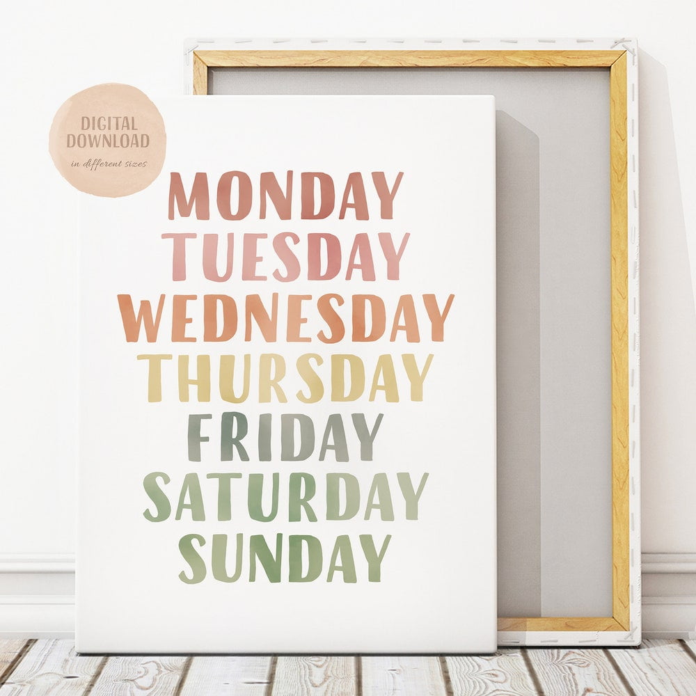 DOPAPRINT Days Of The Week Poster, Playroom Educational Poster, Rainbow ...