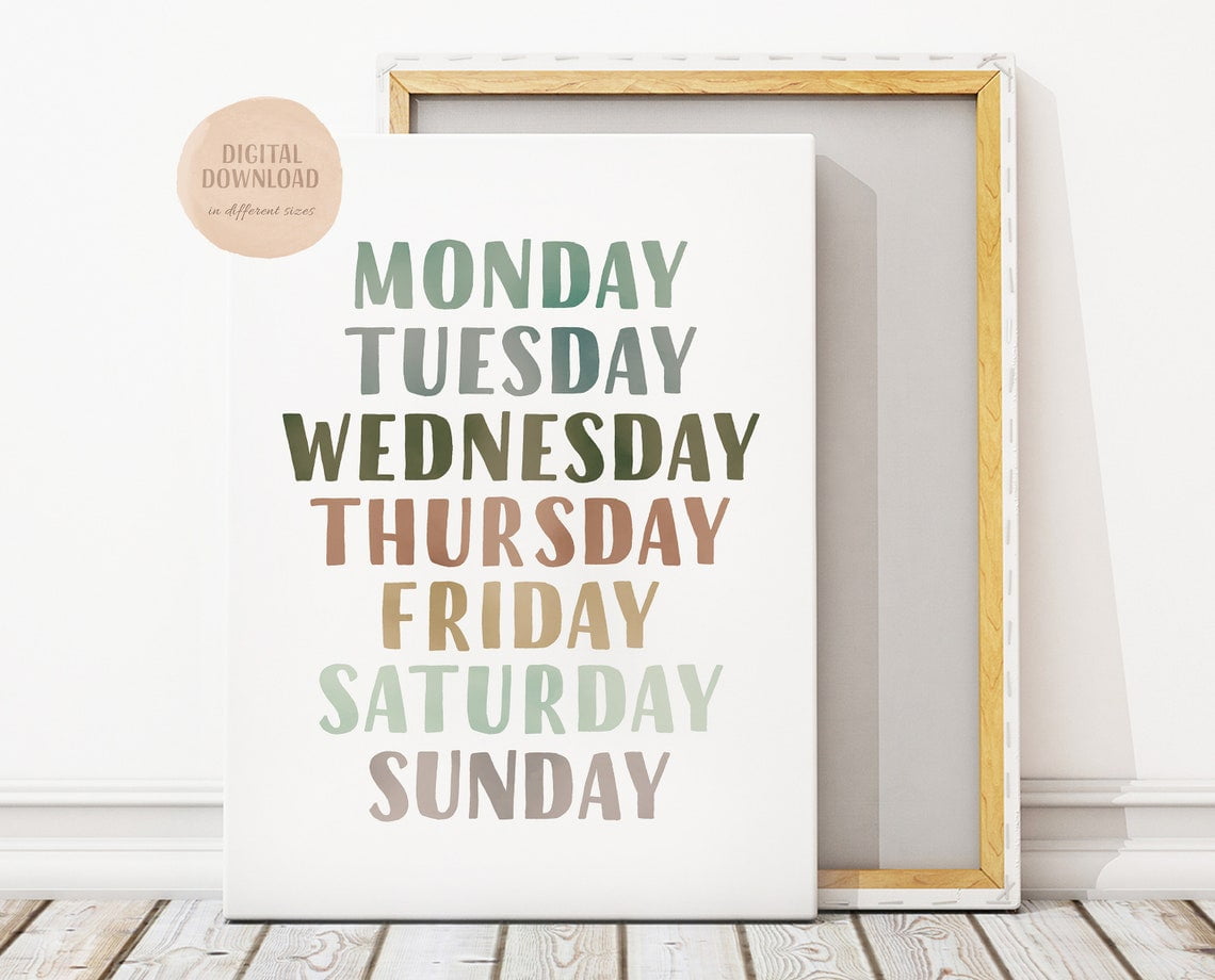 DOPAPRINT Earth Tones Days Of The Week Poster, Playroom Educational ...