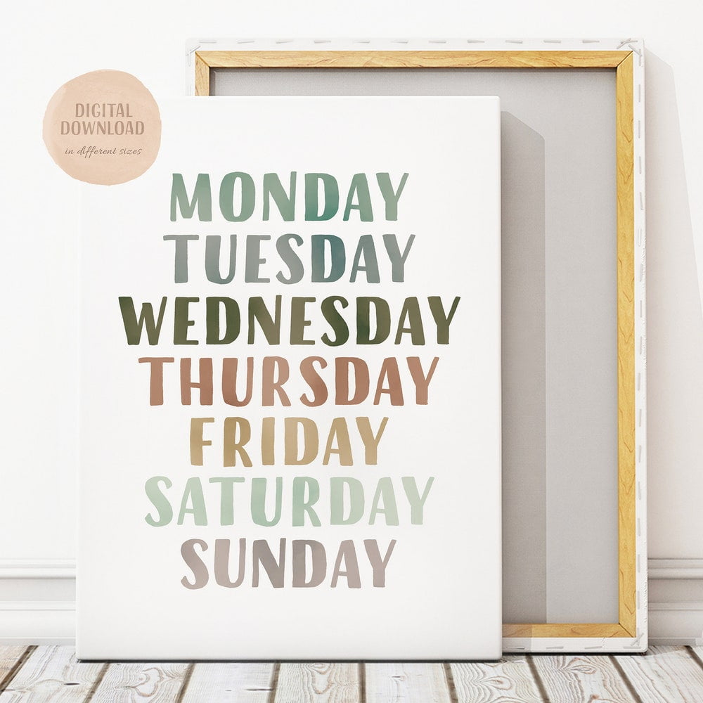 DOPAPRINT Earth Tones Days Of The Week Poster, Playroom Educational ...