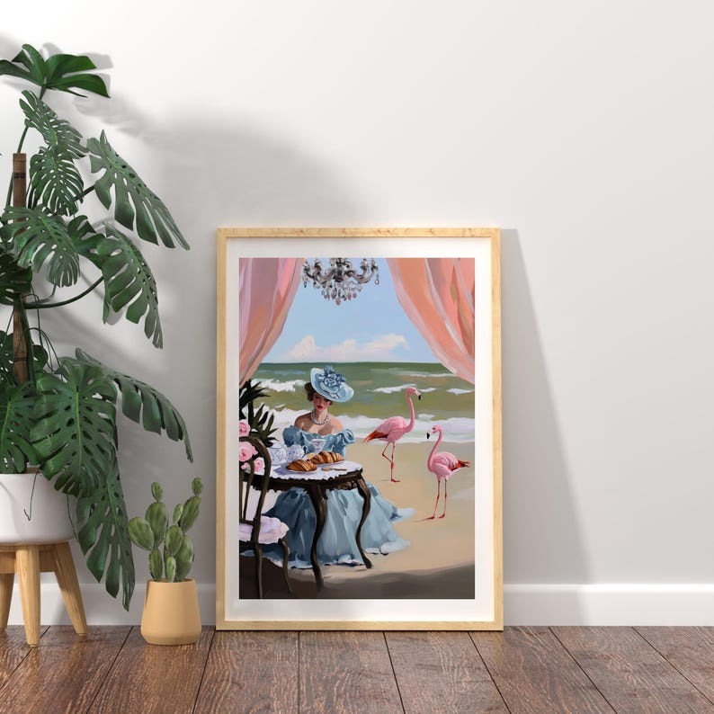 DOPAPRINT Elegant Beach Tea Party Art French Lady & Flamingos Print ...