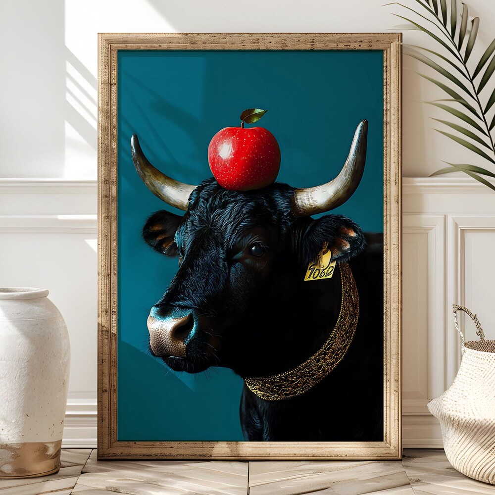 DOPAPRINT Elegant Bull Wall Art With Apple On Head Surreal Animal ...