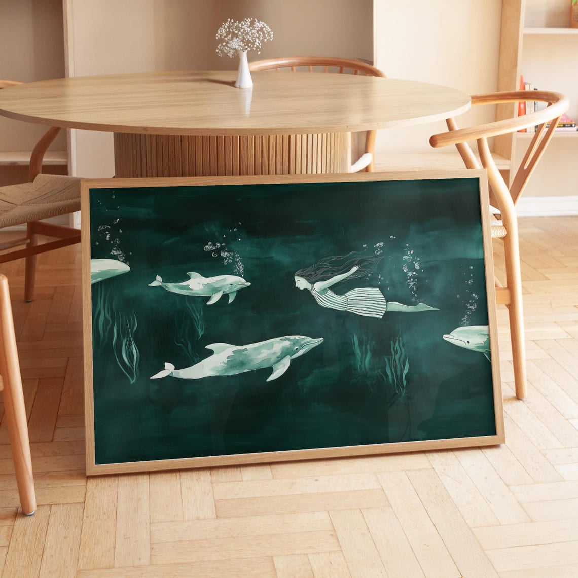 DOPAPRINT Emerald Green Dolphin Underwater Illustration Contemporary ...