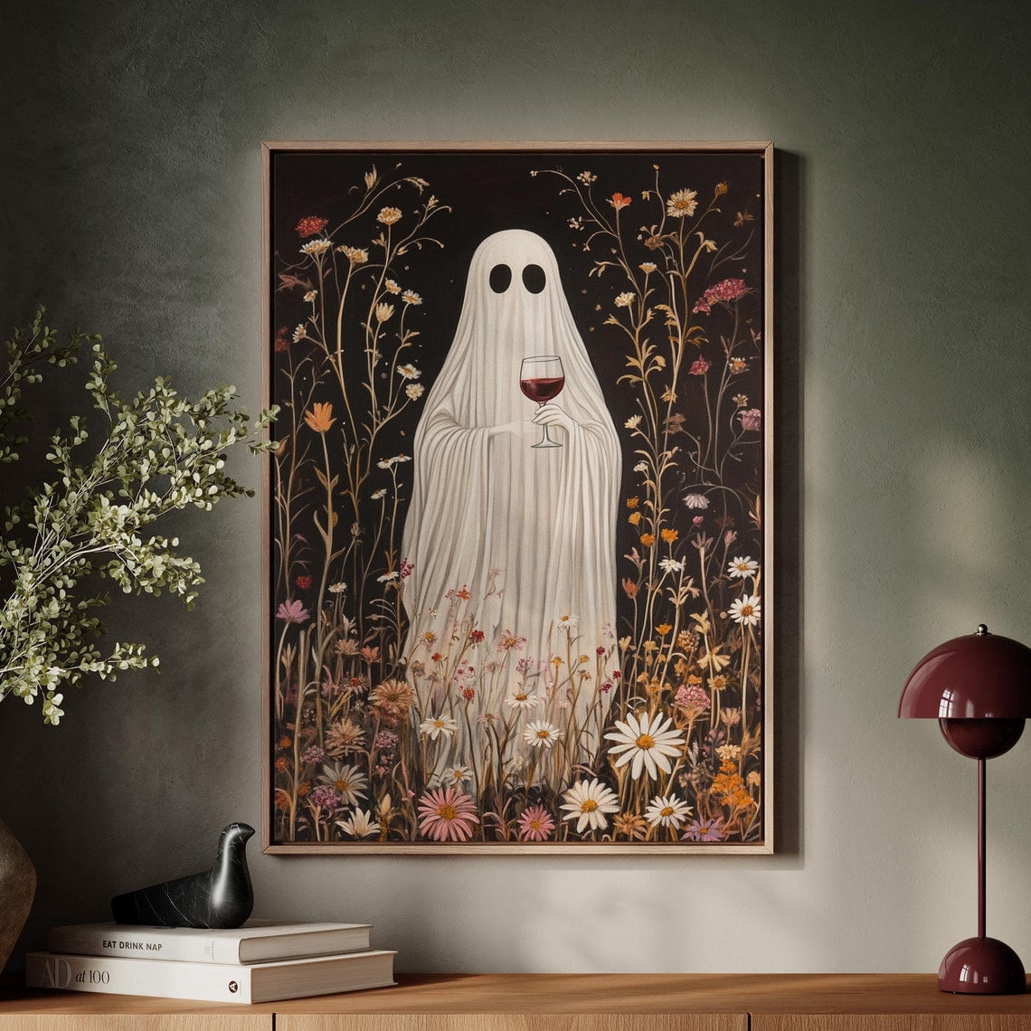 DOPAPRINT Ethereal Ghost Holding Wine Glass - Whimsical Floral Ghost ...