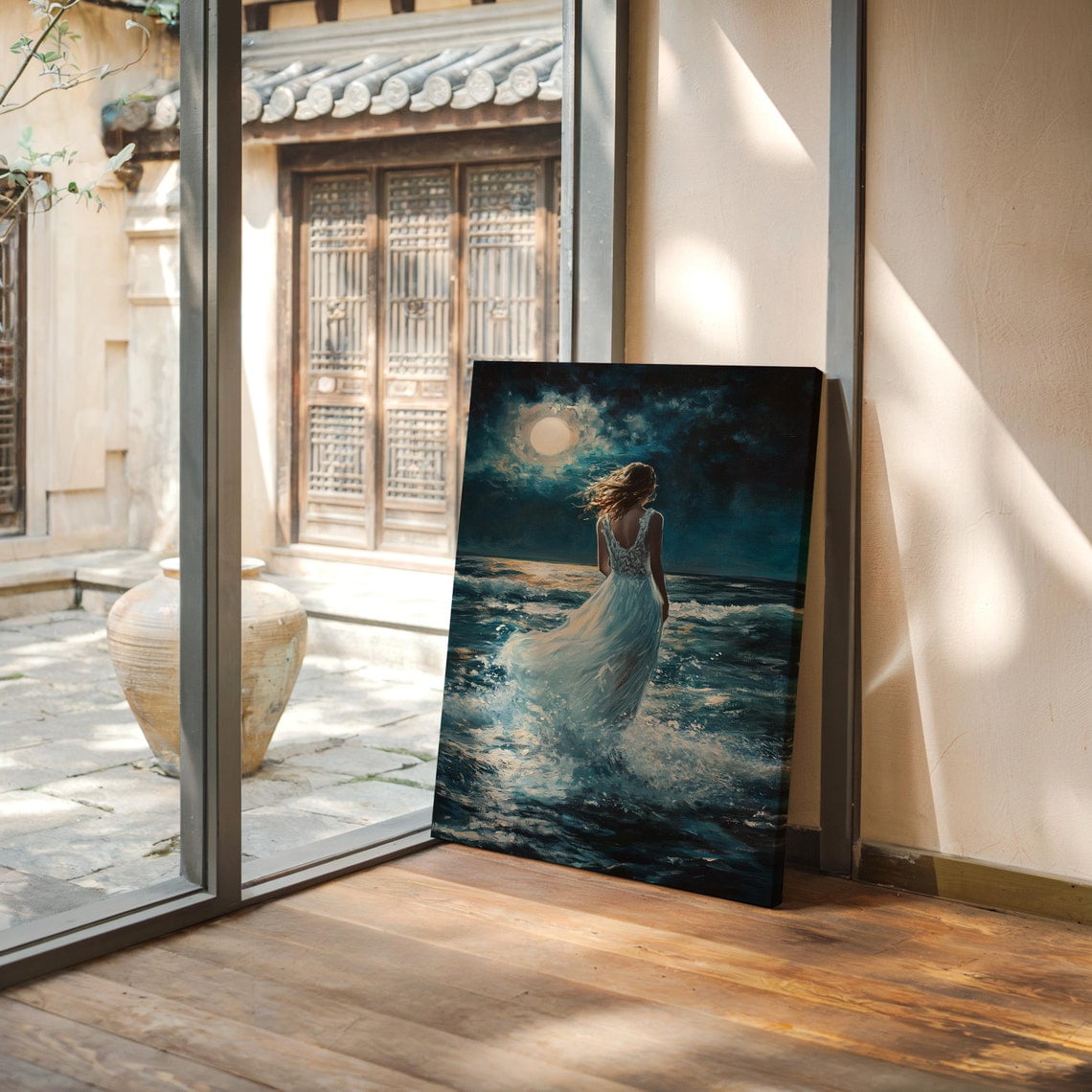 DOPAPRINT Ethereal Moonlit Seascape Wall Art Woman In Flowing White ...