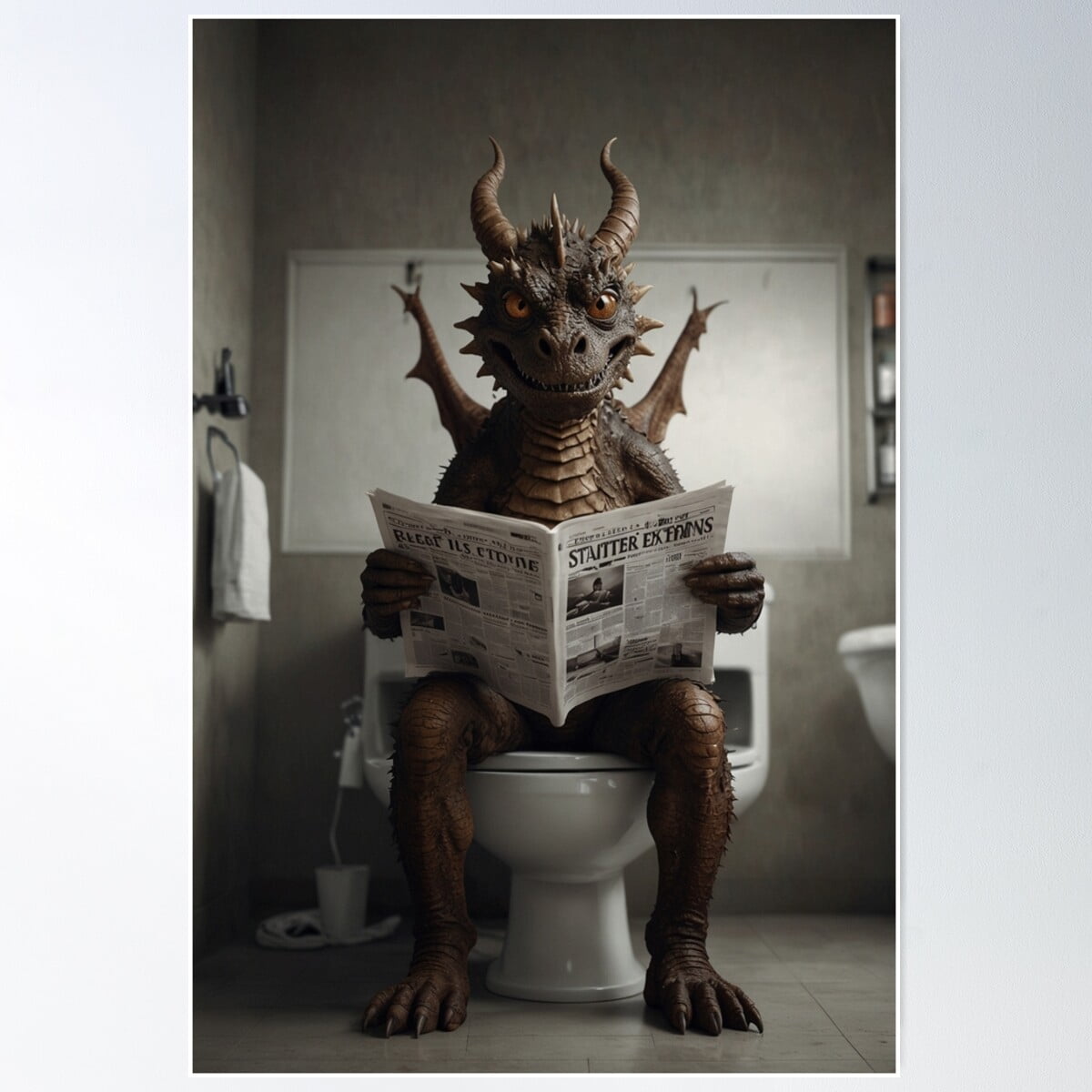 DOPAPRINT Fierce Dragon Reading Newspaper In Bathroom Poster Wall Art ...