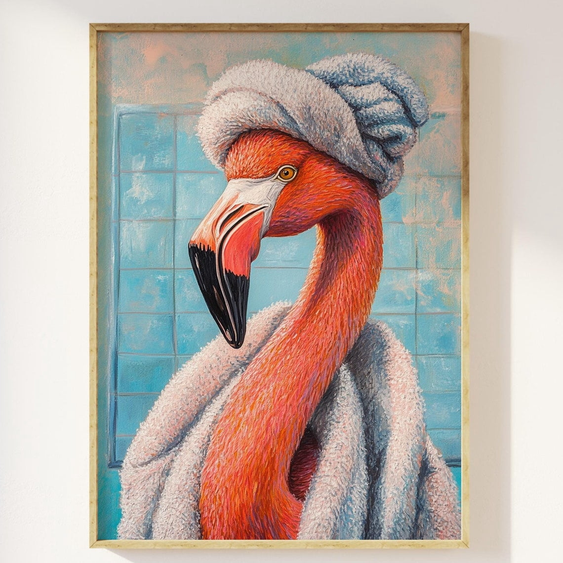 DOPAPRINT Flamingo Wearing A Bath Robe And Hair Turban Wall Art Print ...