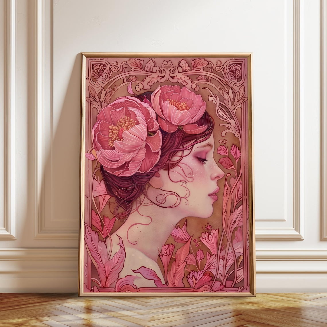 DOPAPRINT Floral Nouveau Wall Art - Lady And Pink Flower Prints ...