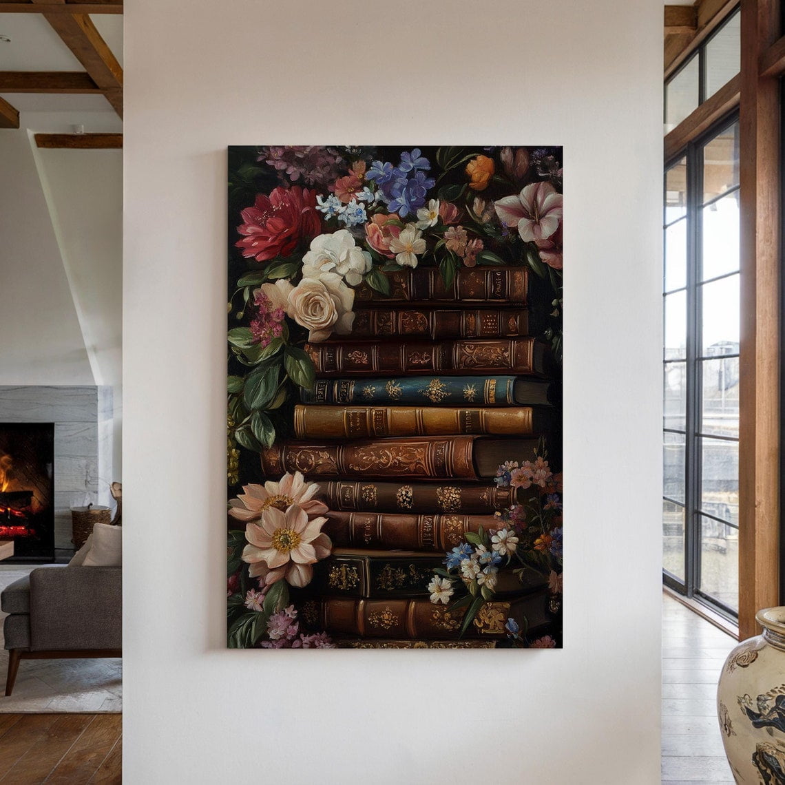 DOPAPRINT Floral Vintage Book Stack Art Print Dark Academia Wall Decor ...