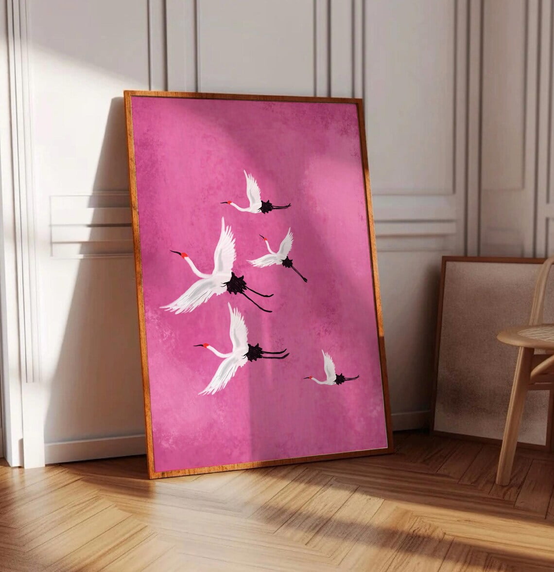 DOPAPRINT Flying Cranes Art Print, Abstract Pink Wall Art, Japandi ...