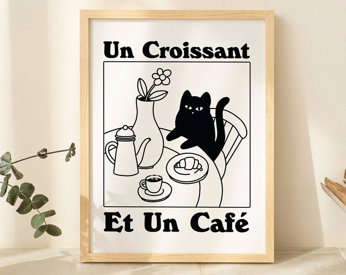 DOPAPRINT French Cafe Croissant Cat Print, Retro Drink Poster, Bistro ...