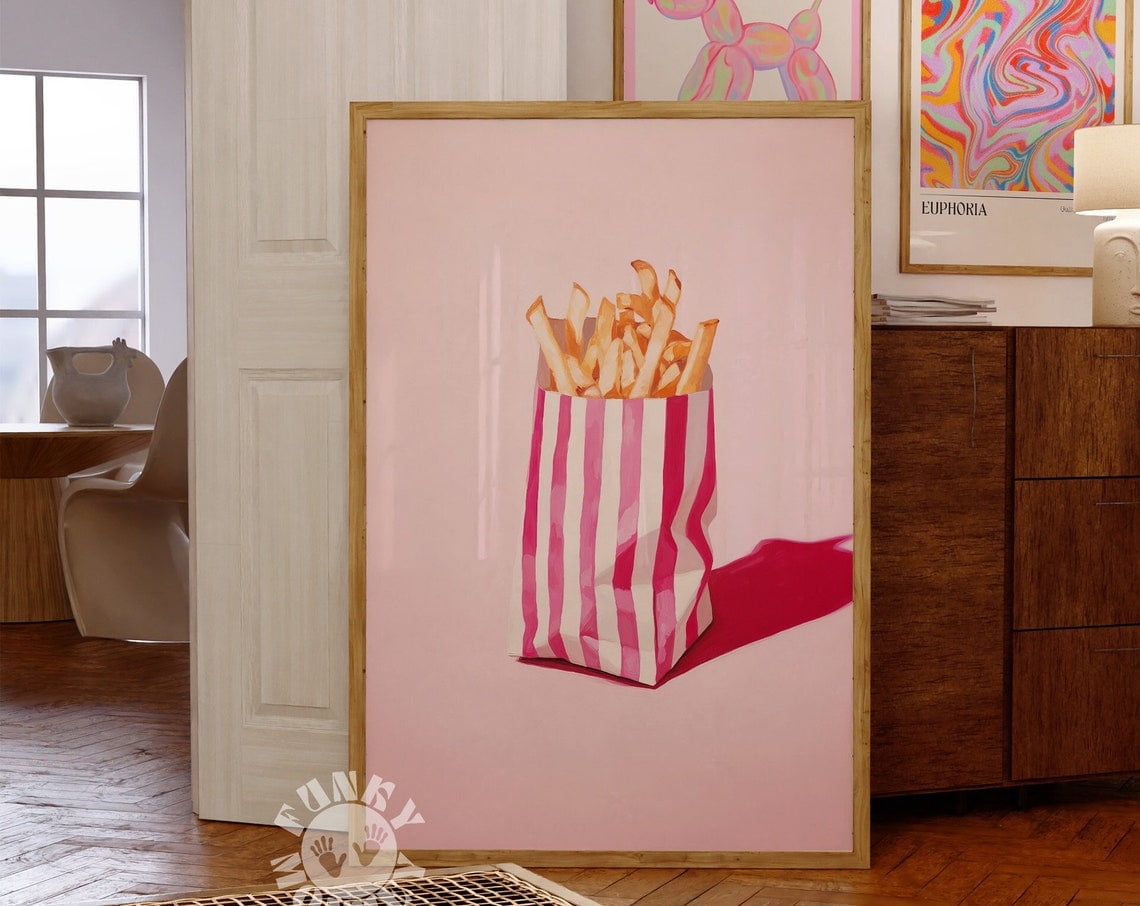 DOPAPRINT French Fries Print, Pink Retro Kitchen Wall Art, Art, Girly ...
