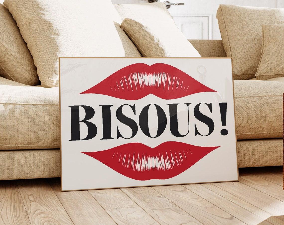 DOPAPRINT French Kiss Art Print Bisous Bold Red Lips Wall Decor Romantic Gift For Couples ...