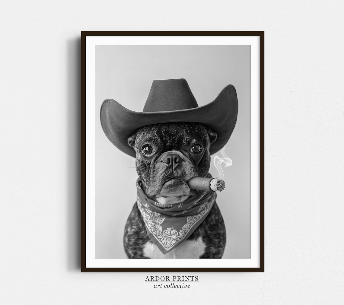 DOPAPRINT Frenchie Cowboy Wall Art, Brindle French Bulldog Print, Black ...