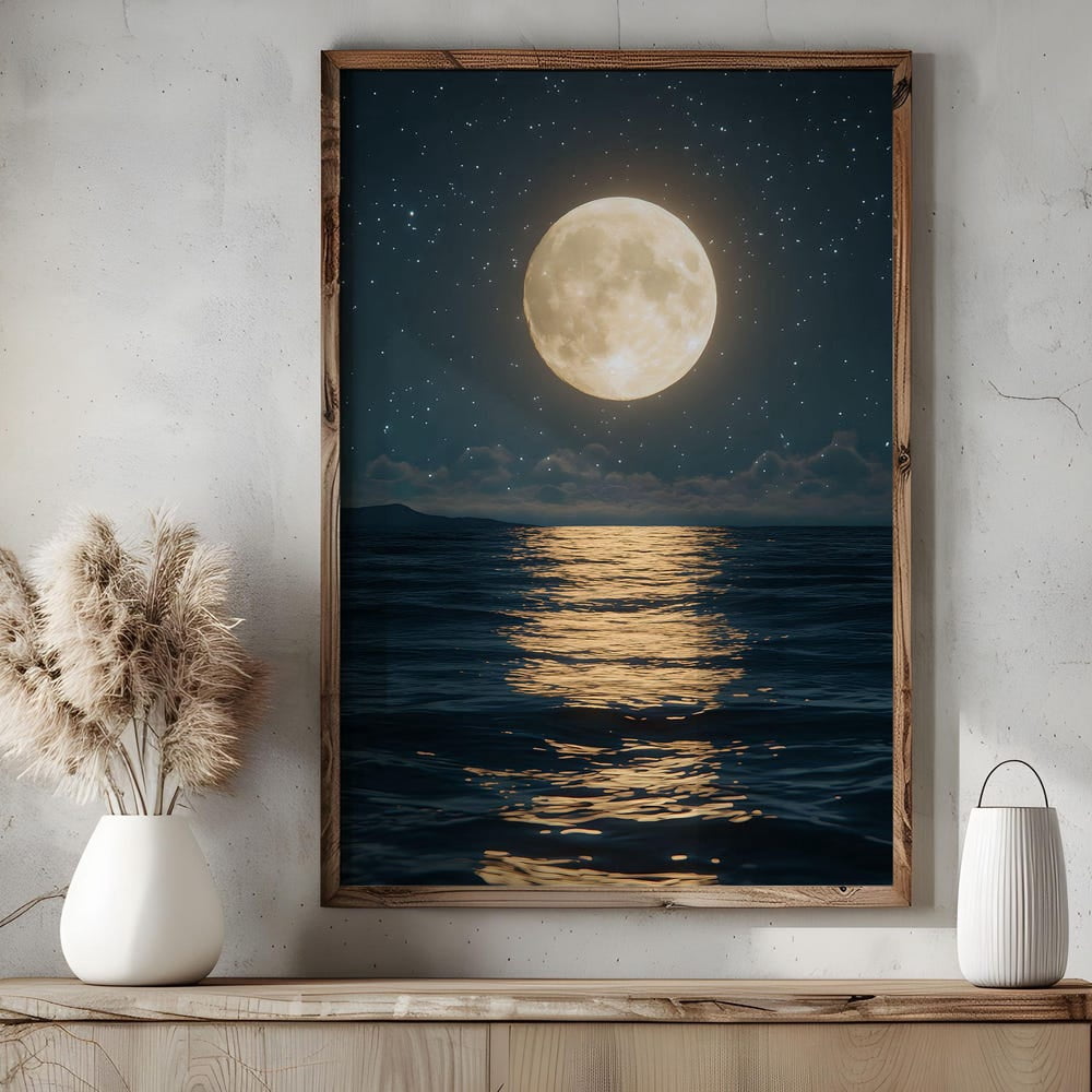 DOPAPRINT Full Moon Over Ocean Wall Art - Starry Night Sky Reflection ...