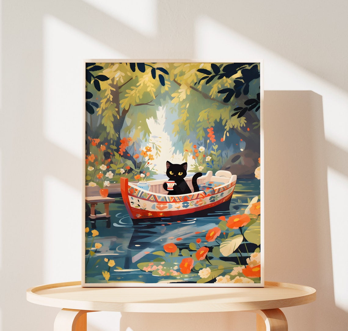 DOPAPRINT Fun Black Cat Poster Of Lake Canoe Print Of Forest Painting ...