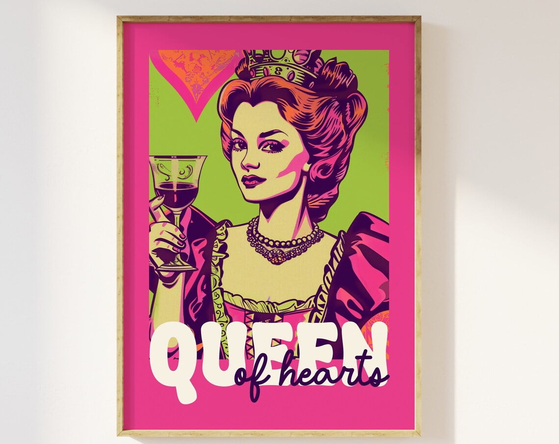 DOPAPRINT Funky Trendy Queen Of Hearts Playing Card Print - Pink Green ...