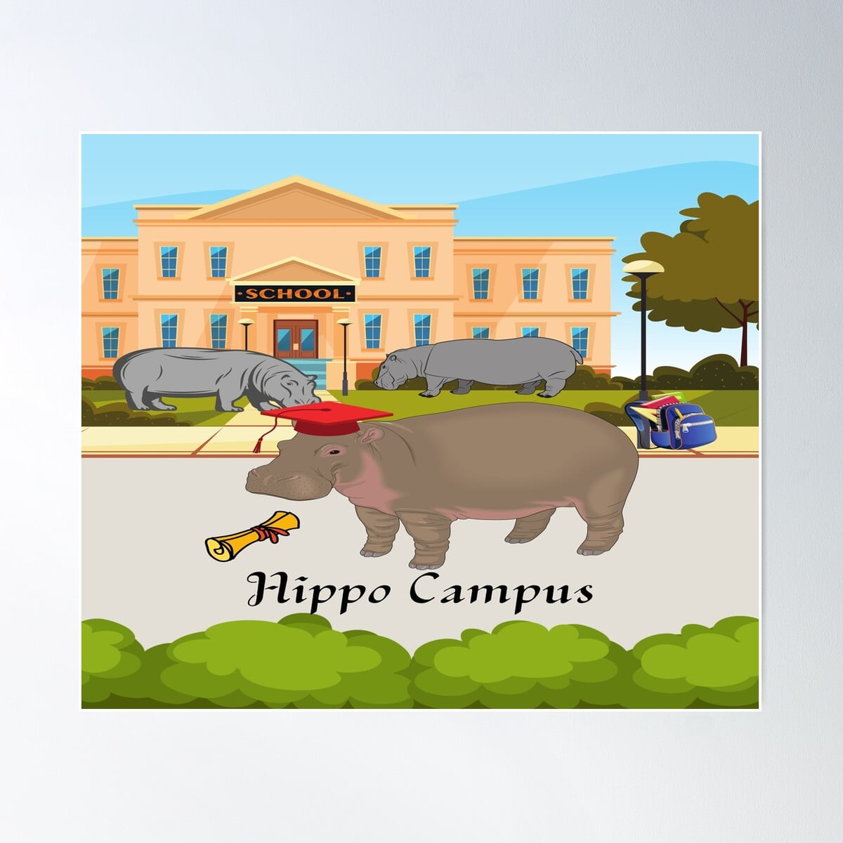 DOPAPRINT Funny "Hippo Campus" Hippopotamuses On College Campus Poster Wall Art, Modern Wall ...